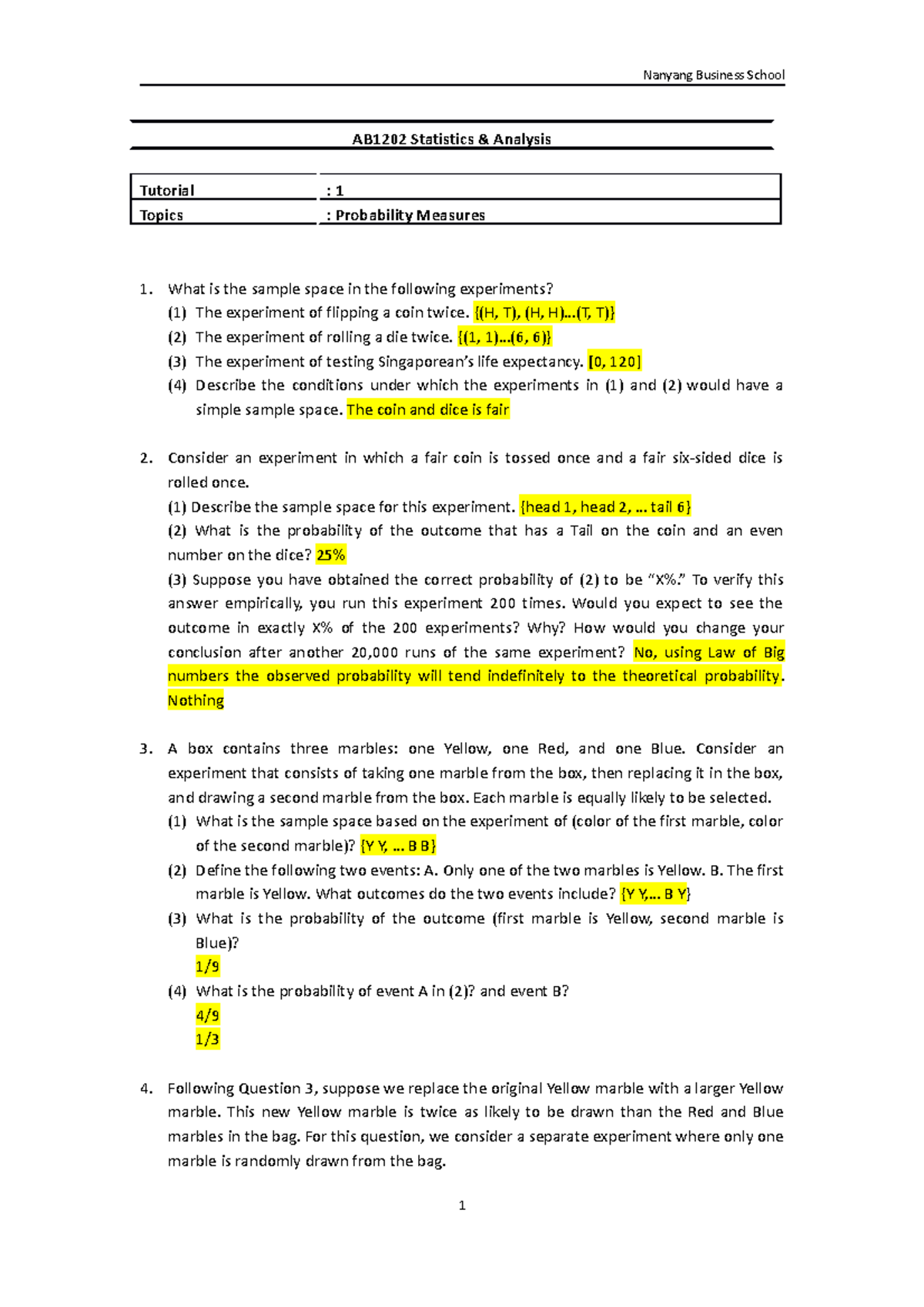 Questions week 1 (Done) - Nanyang Business School AB1202 Statistics & Analysis Tutorial : 1 ...