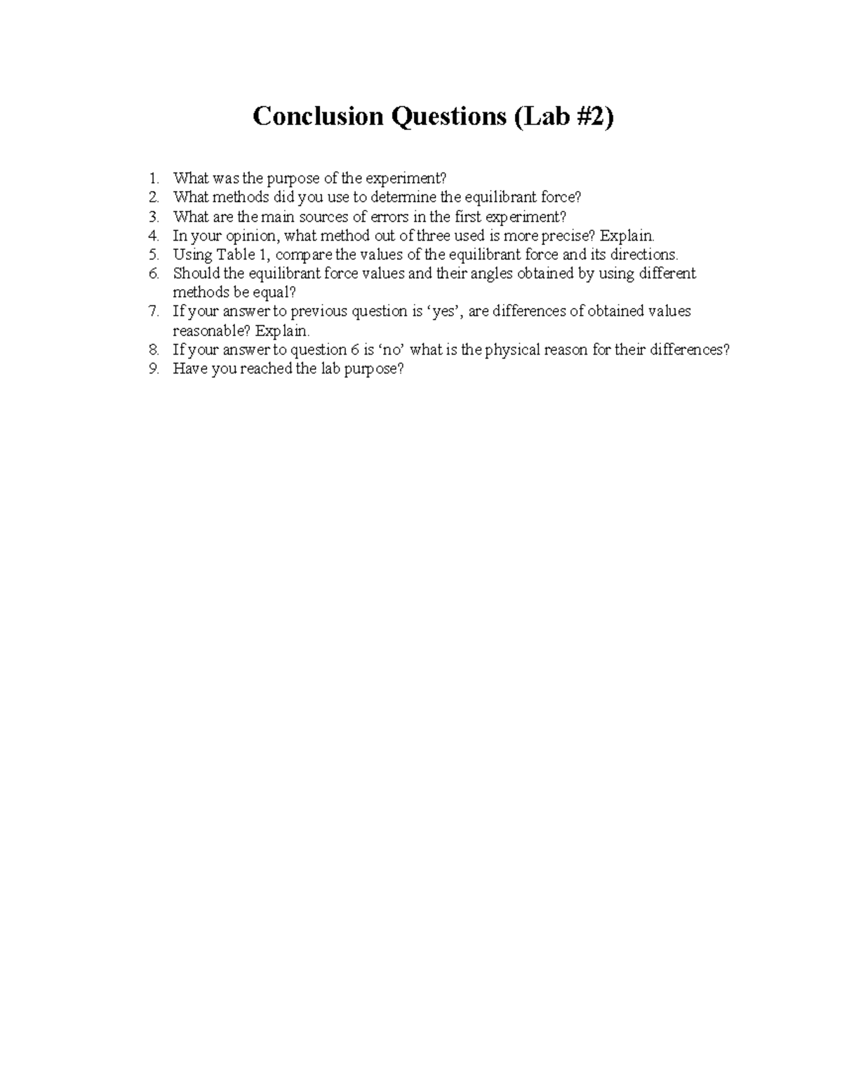 Conclusion Questions for lab 2 physics - Conclusion Questions (Lab #2 ...