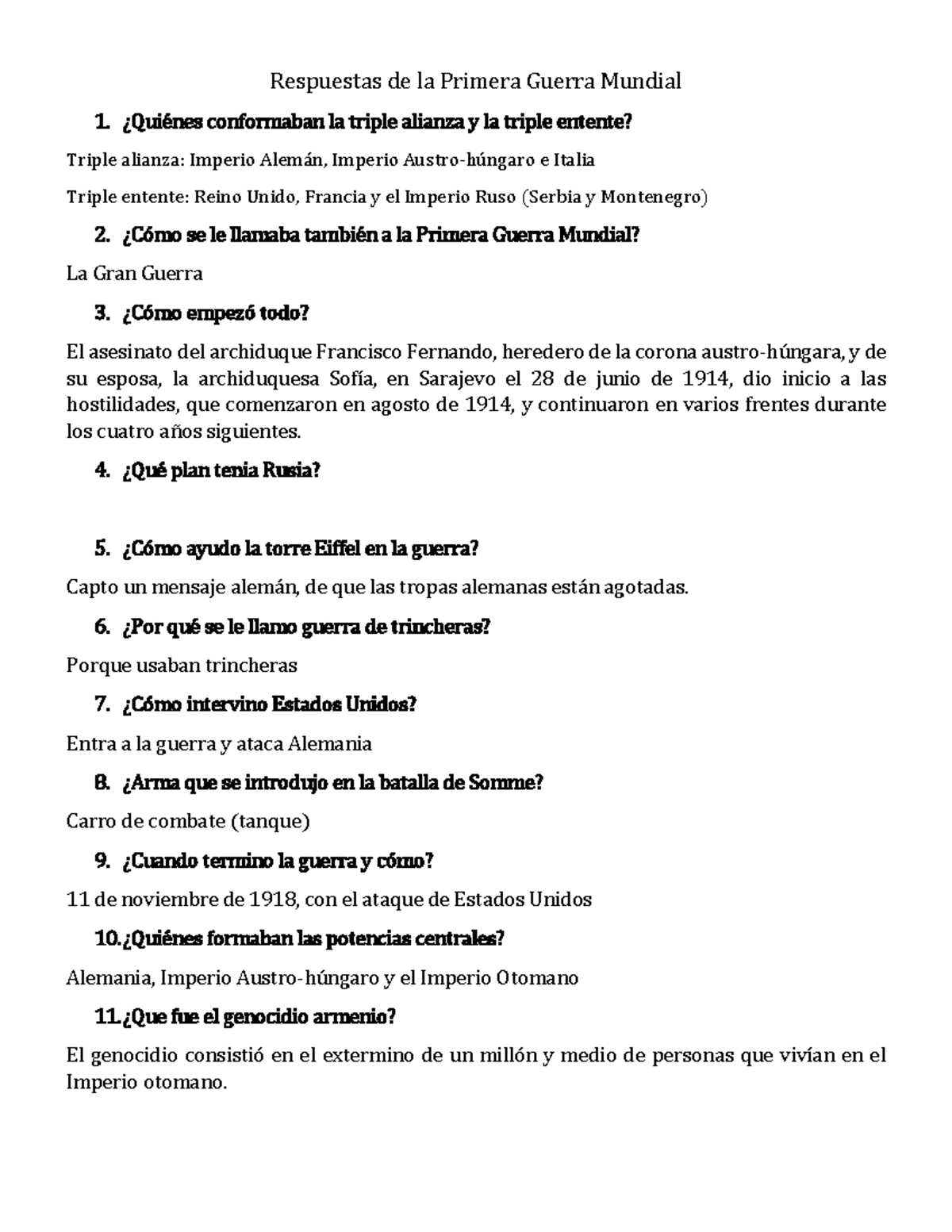Respuestas de la Primera Guerra Mundial - Respuestas de la Primera ...