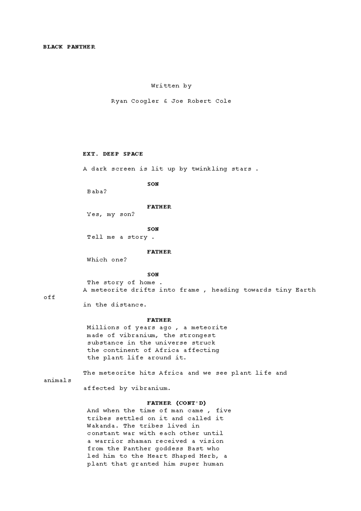Black Panther - Movie script - BLACK PANTHER Written by Ryan Coogler ...