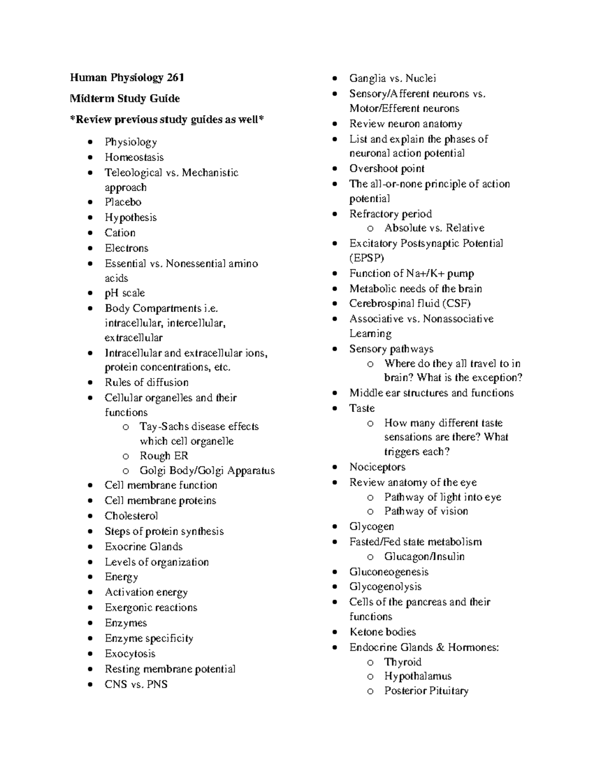 Midterm - Mid - Human Physiology 261 Midterm Study Guide Review ...