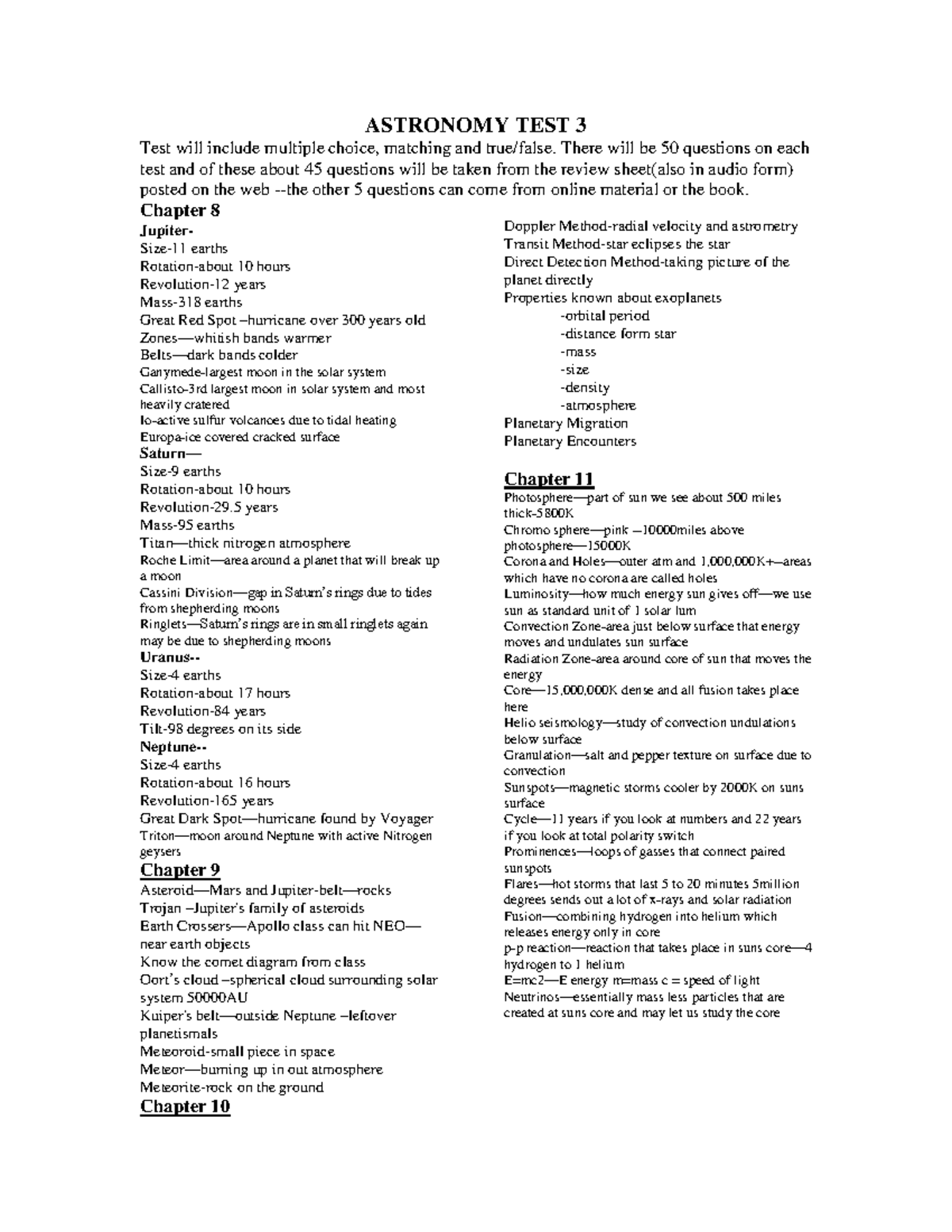 Test 3 Review Sheet - ASTRONOMY TEST 3 Test will include multiple ...