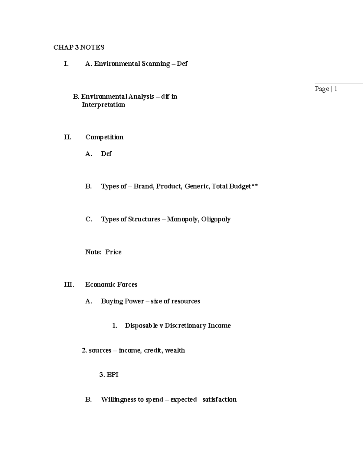 MKT CHAP 3 Outline - I. A. Environmental Scanning – Def B ...