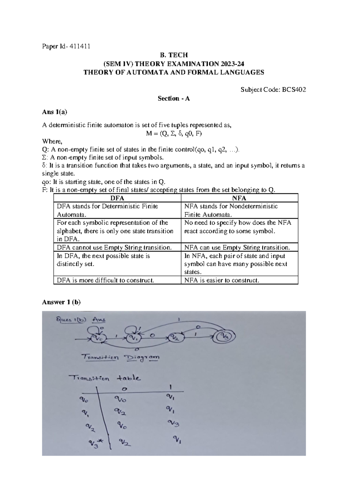 TAFL 2023-24 PAPER SOLUTION - Paper Id- 411411 B. TECH (SEM IV) THEORY EXAMINATION 2023- 24 ...