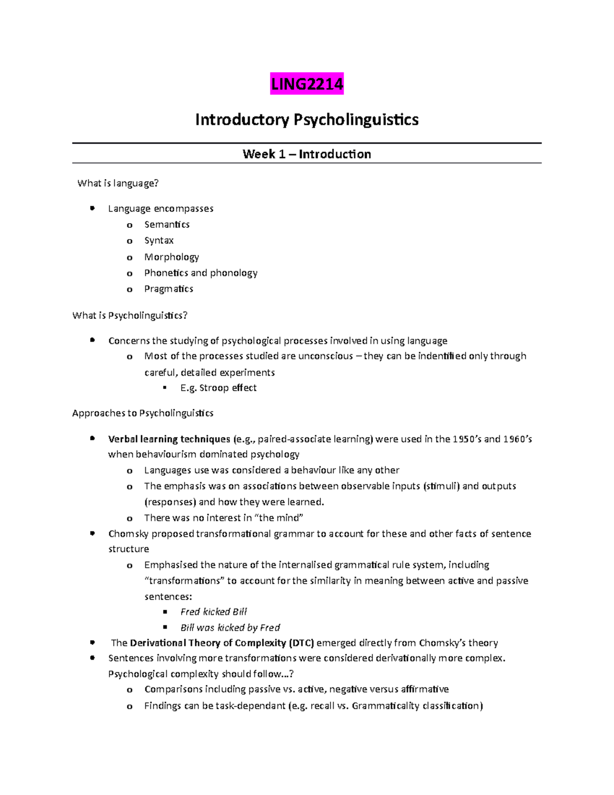 Ling2214 Lecture Notes Ling Introductory Psycholinguistics Week 1 Introduction What Is