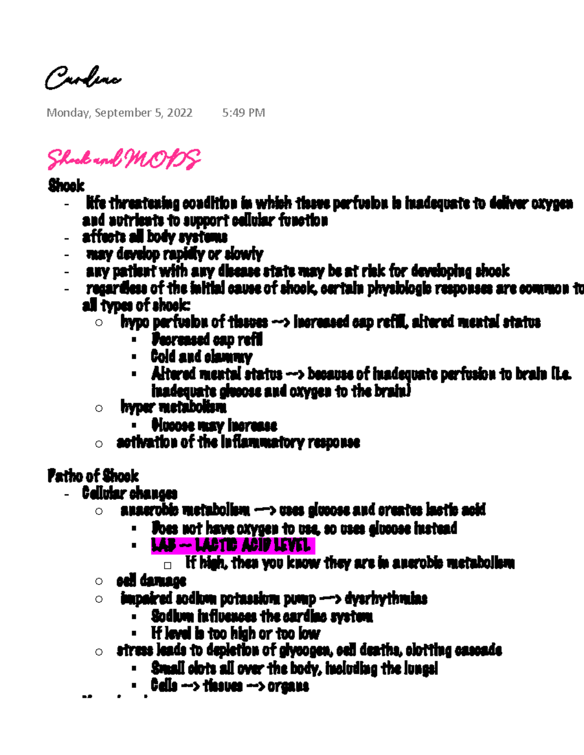 Cardiac and Shock Notes - Shock and MODS Shock life threatening ...