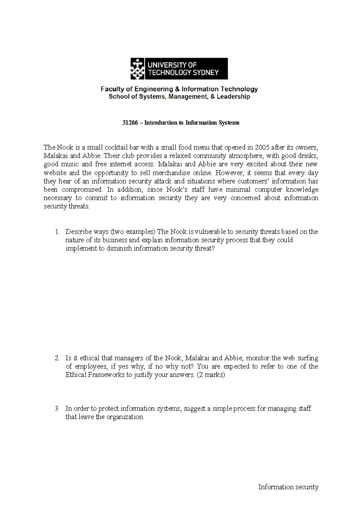 31266 Tutorial questions 6 - 31266 – Introduction to Information Systems The Nook is a small ...