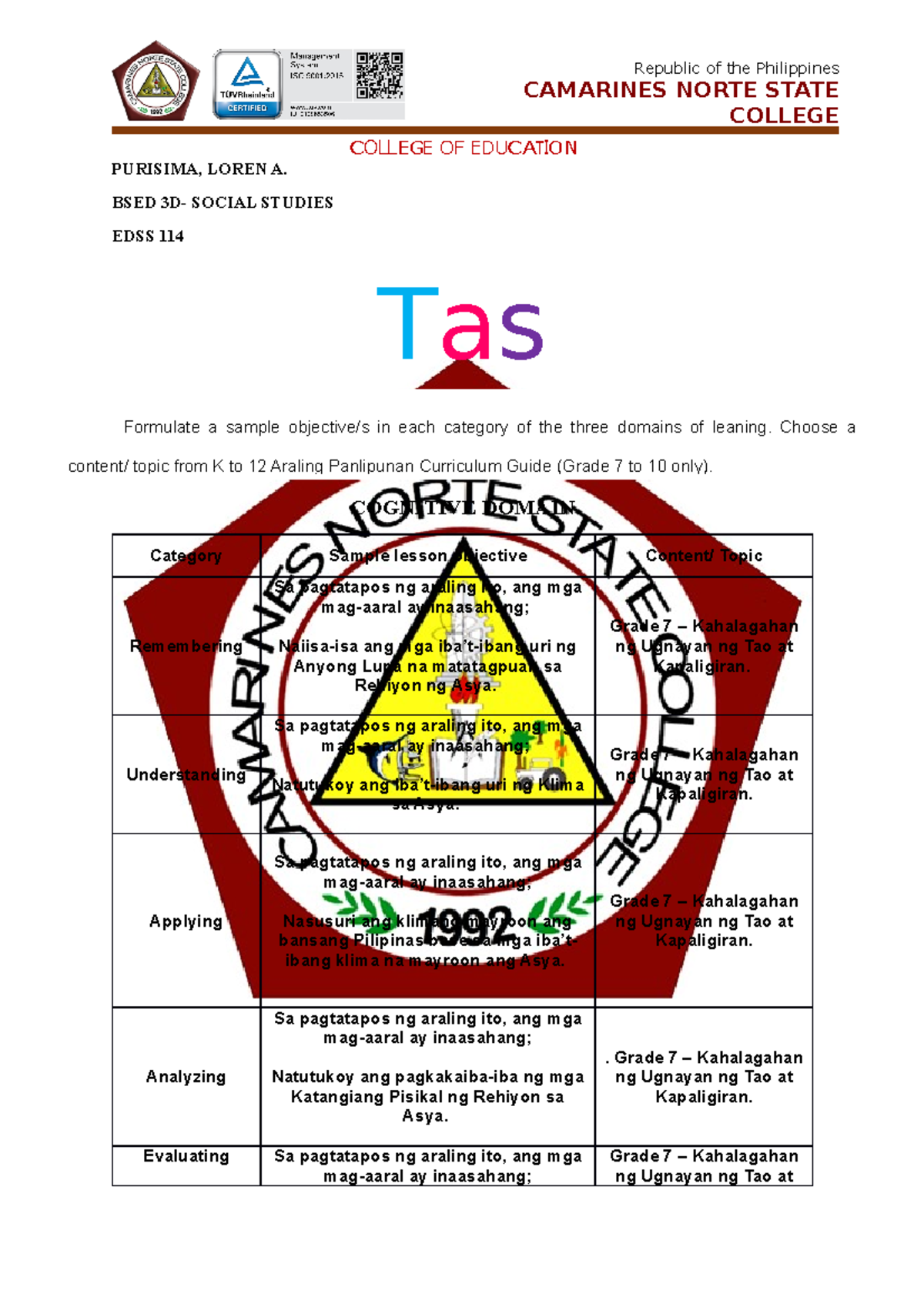 Sample Objectives for three Domains - COLL EG E OF EDU CAT I ON ...