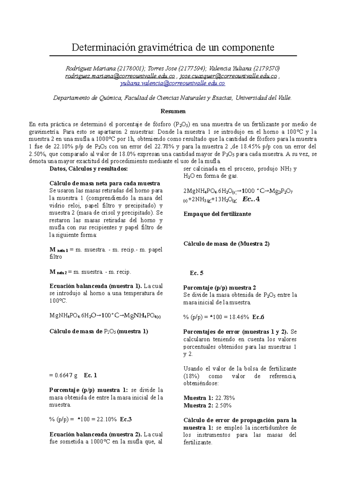 Informe 2 - Determinación gravimétrica de un componente Rodríguez ...
