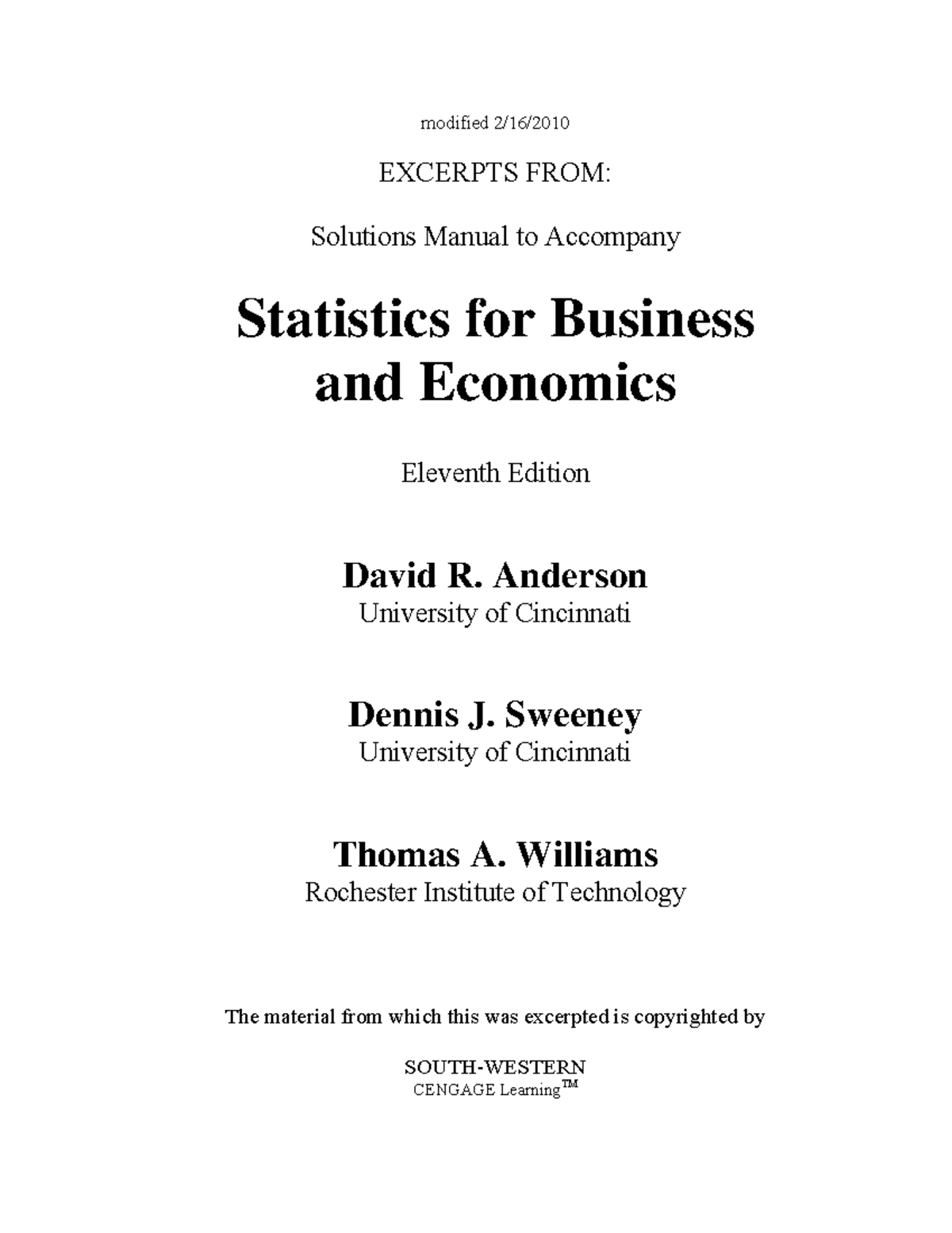 Solution manual of Statistics for Busine - modified 2/16/ EXCERPTS FROM ...