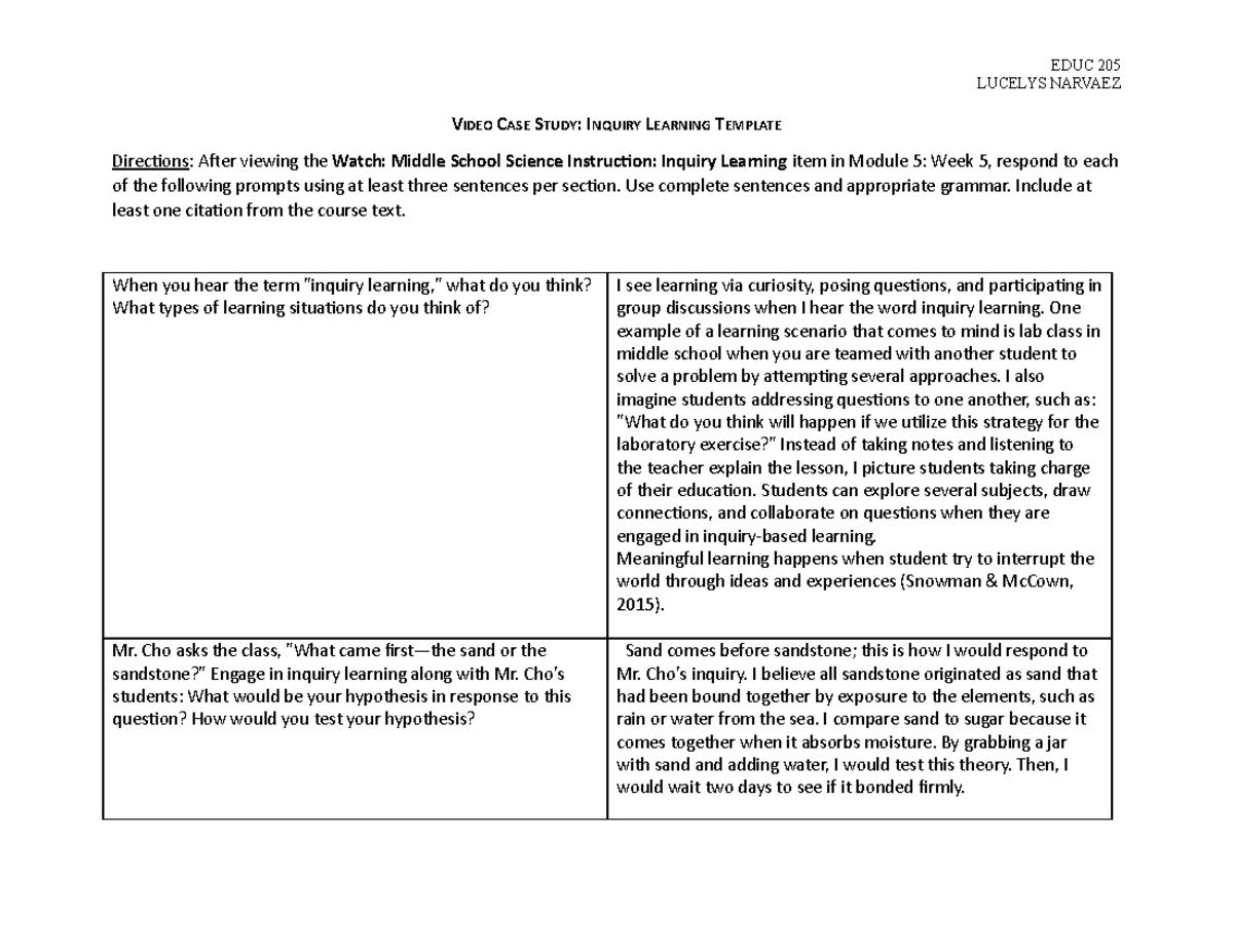 Video case study, inquiry learning - EDUC 205 LUCELYS NARVAEZ VIDEO ...