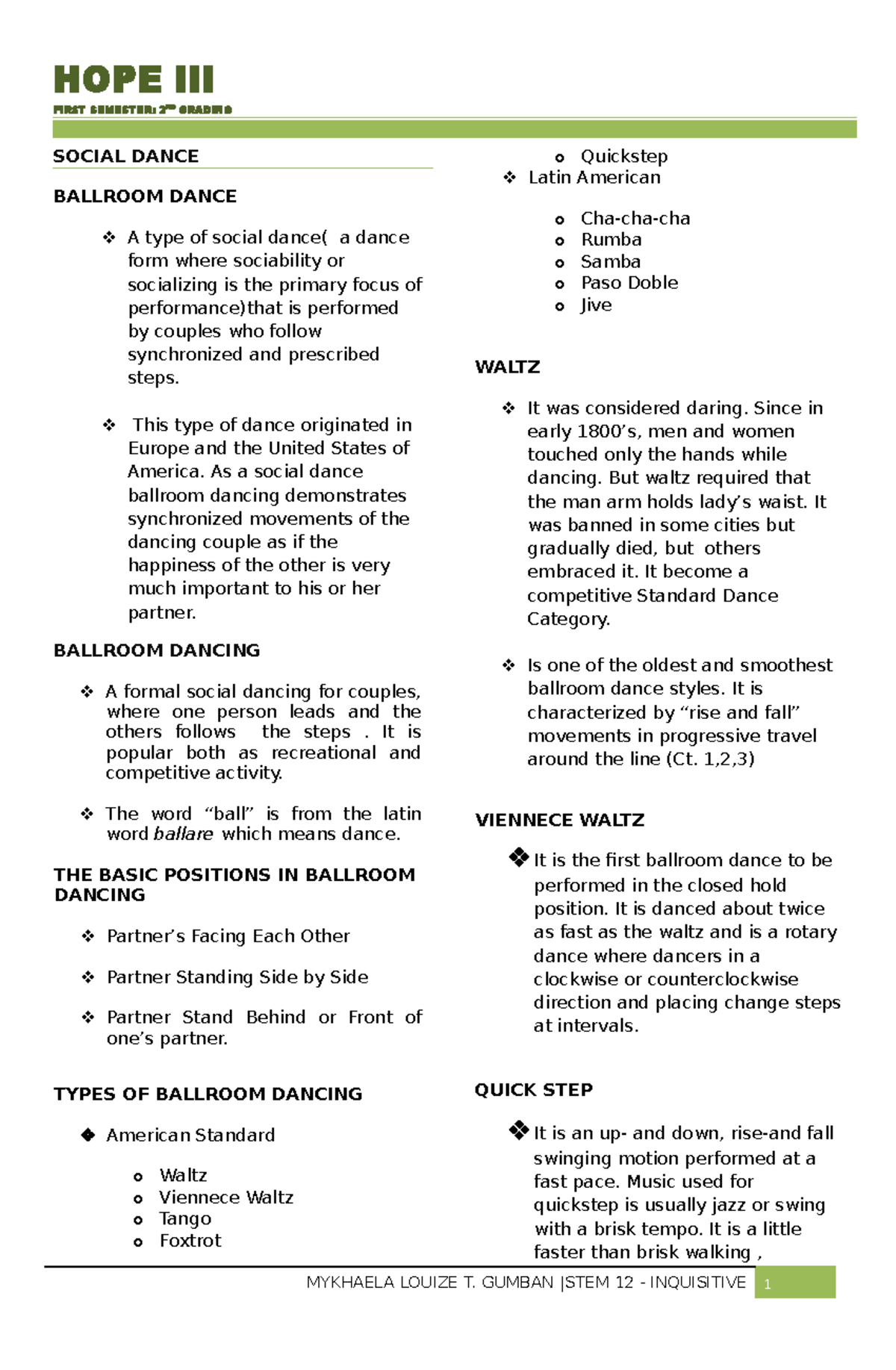 HOPE 3 Reviewer - FIRST SEMESTER: 2 ND GRADING SOCIAL DANCE BALLROOM ...