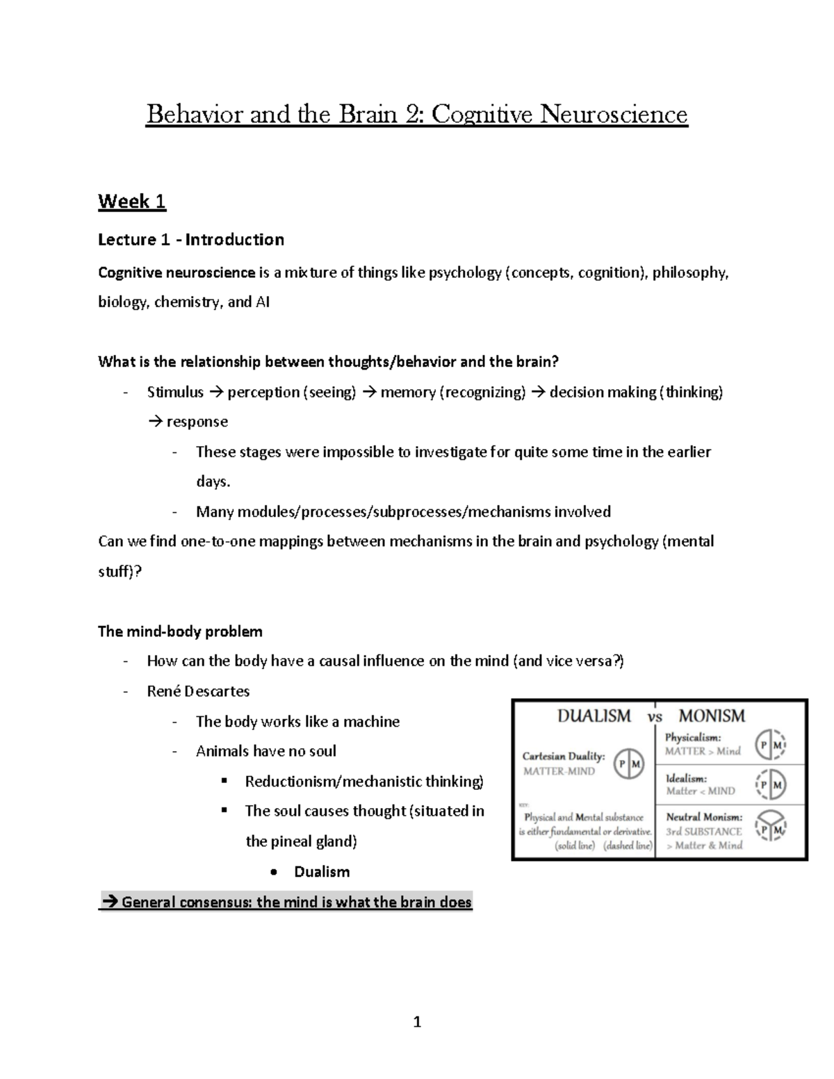 Behavior and the brain 2 summary - Behavior and the Brain 2: Cognitive Neuroscience Week 1 ...