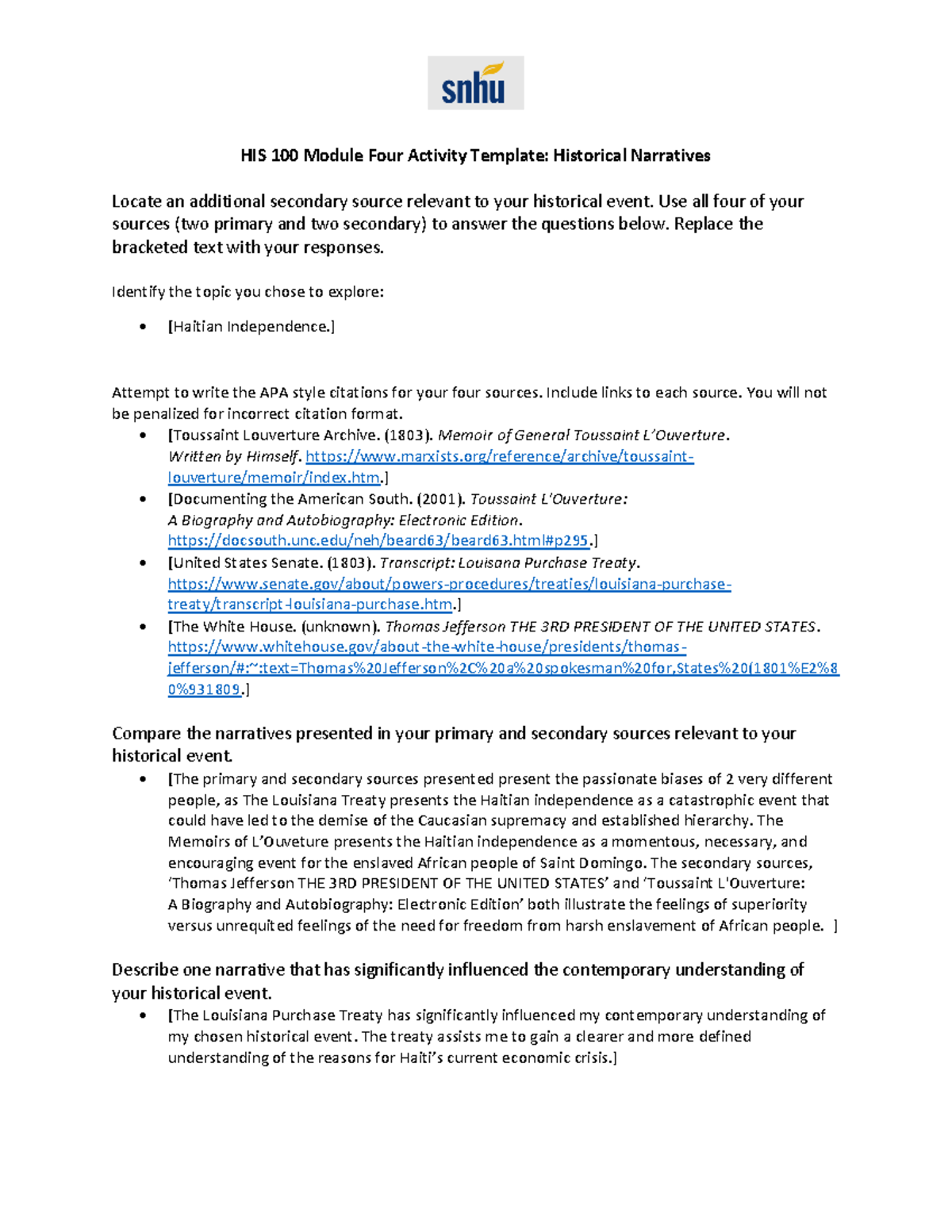HIS 100 Module Four Activity Narratives Template - Copy - HIS 100 ...