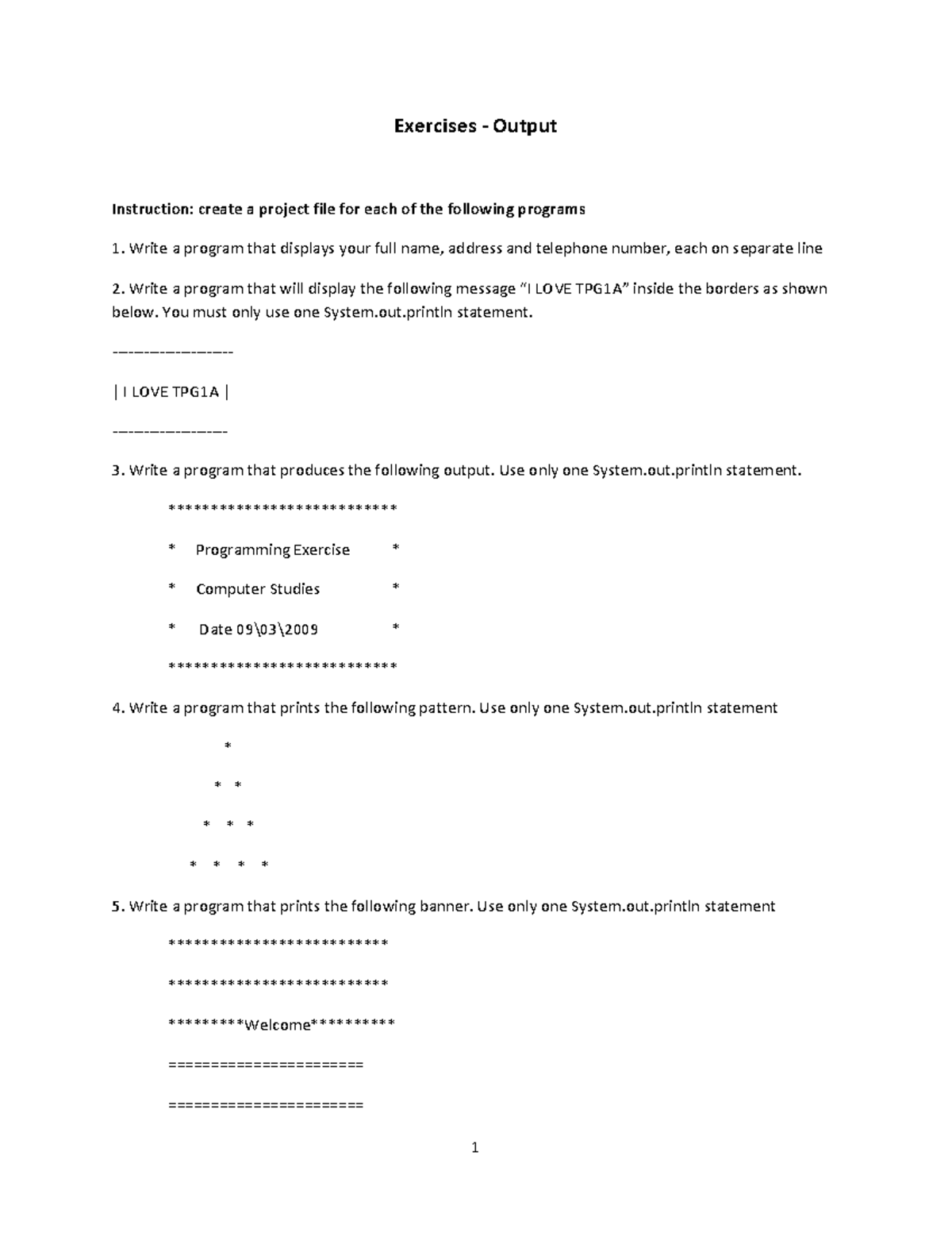 Exercises- Output - this is programming one - 1 Exercises - Output ...