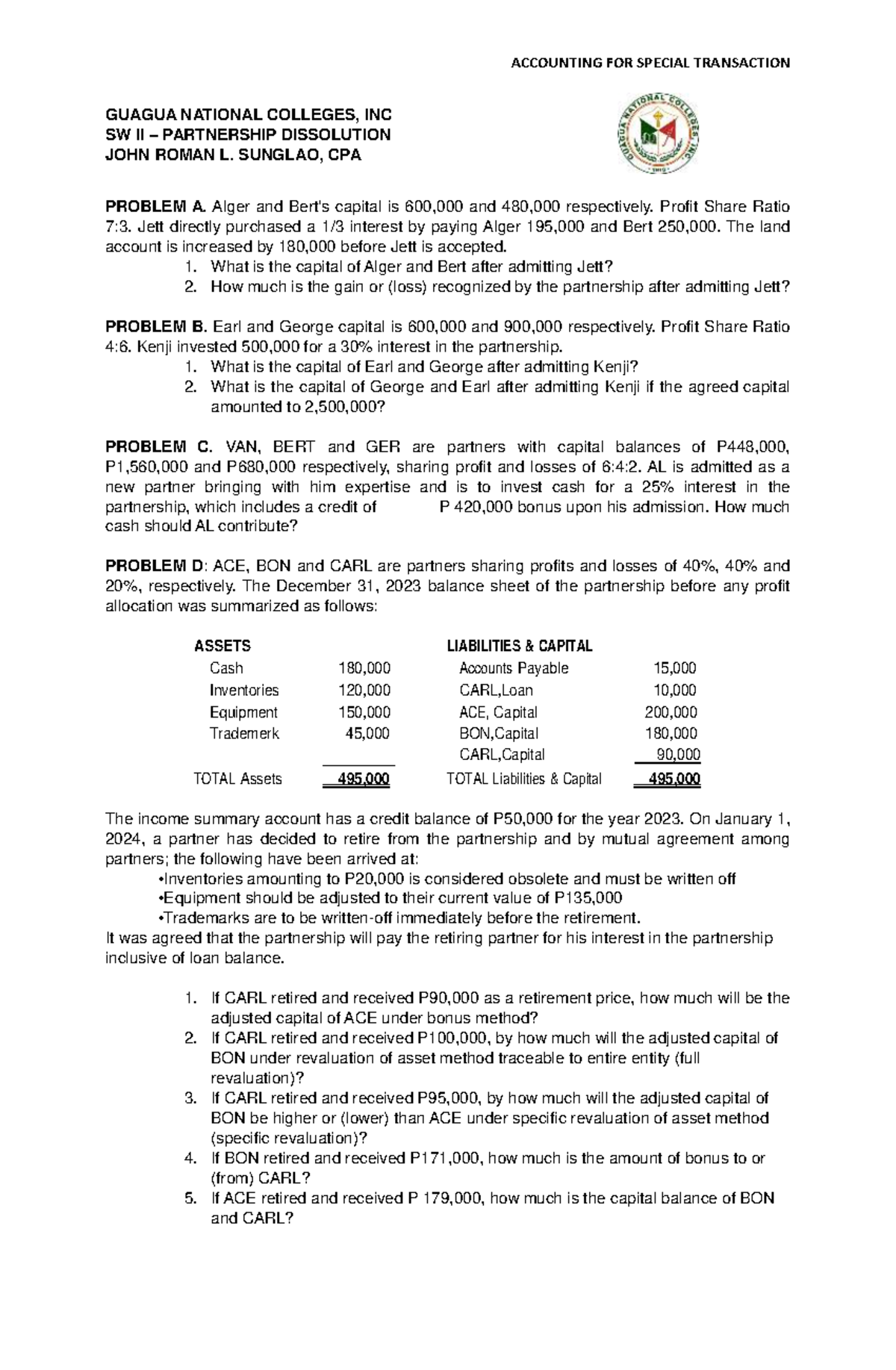 AST - Dissolution - Practice - ACCOUNTING FOR SPECIAL TRANSACTION ...