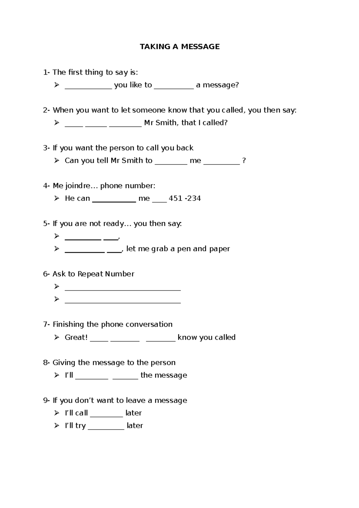 2- Taking A Message - Answering the phone - TAKING A MESSAGE 1- The ...