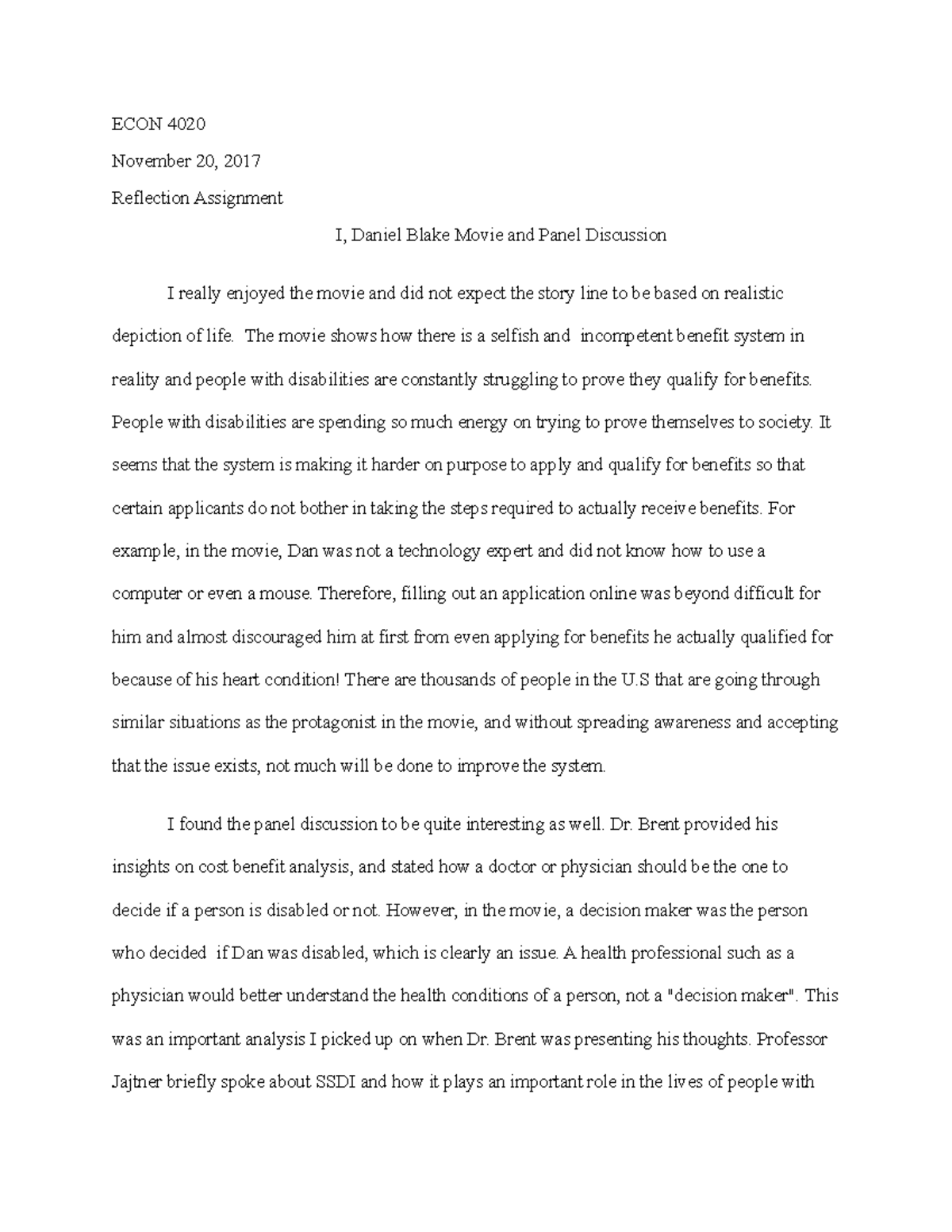 Reflection Movie and Panel by Sam Baidis - ECON 4020 November 20, 2017 ...