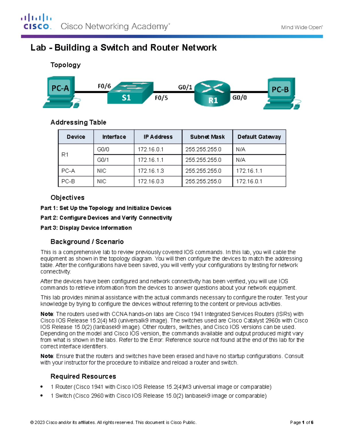 Lab Building A Switch And Router Network Topology Addressing Table Device Interface Ip