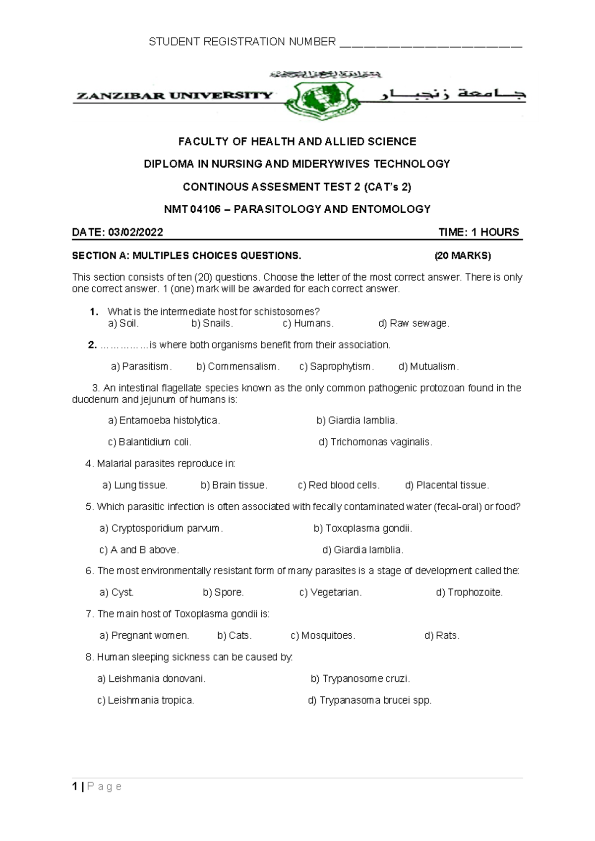Cat's 2 - Parasitology and Entomology - STUDENT REGISTRATION NUMBER ...