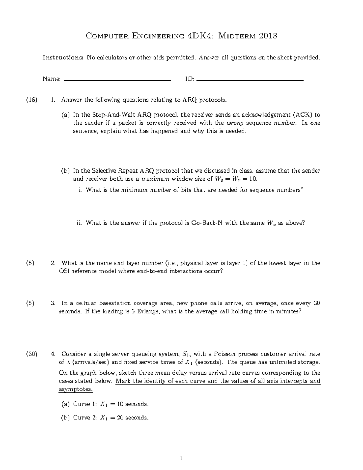 Coe4dk4 midterm 2018 - Computer Engineering 4DK4: Midterm 2018 Instructions: No calculators or ...