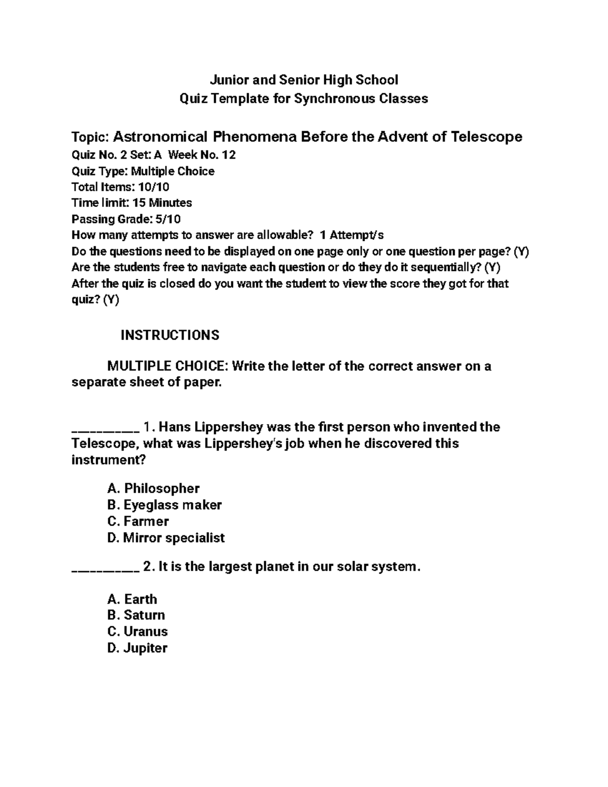 2nd Quarter (QUIZ 2) - ... - Junior and Senior High School Quiz ...