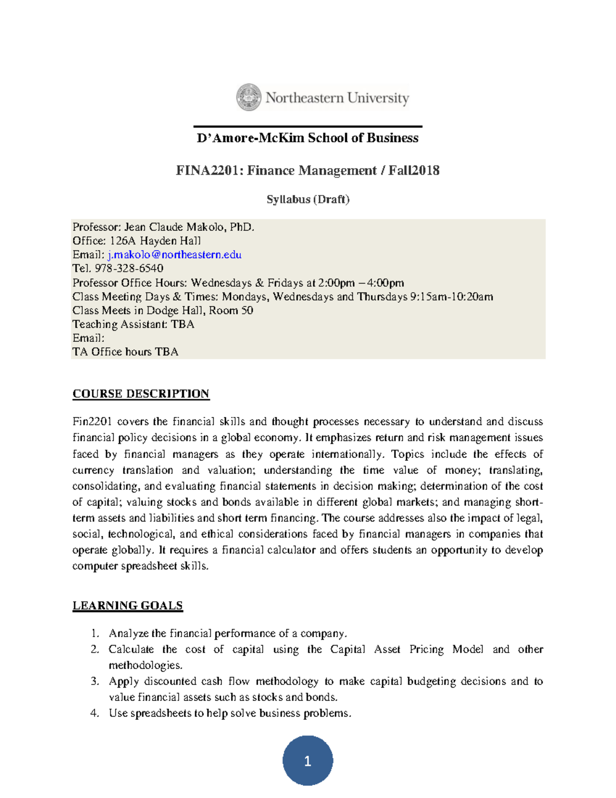 FINA2201 Syllabus Draft - School of Business FINA2201: Finance ...
