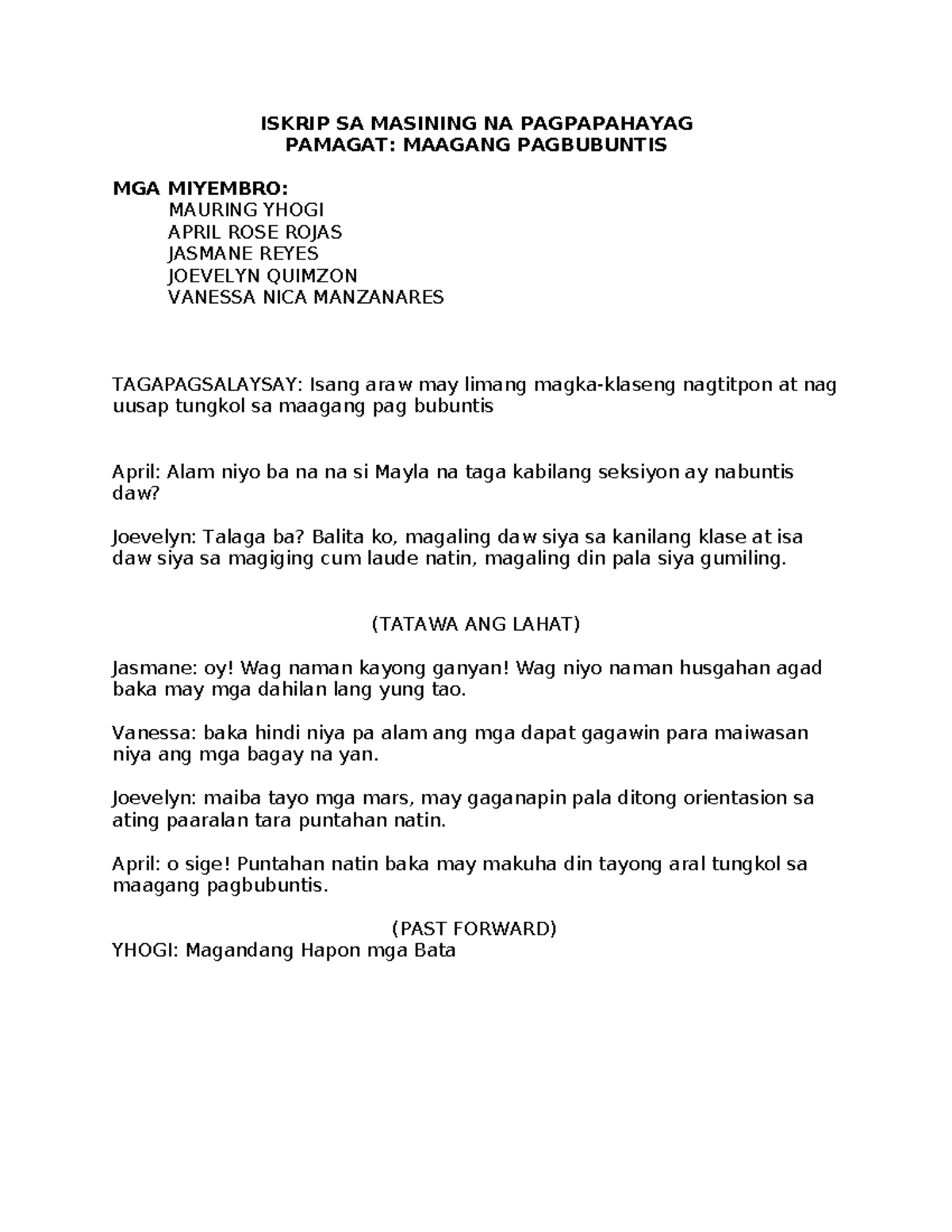 Script para kay mis minchin - ISKRIP SA MASINING NA PAGPAPAHAYAG ...