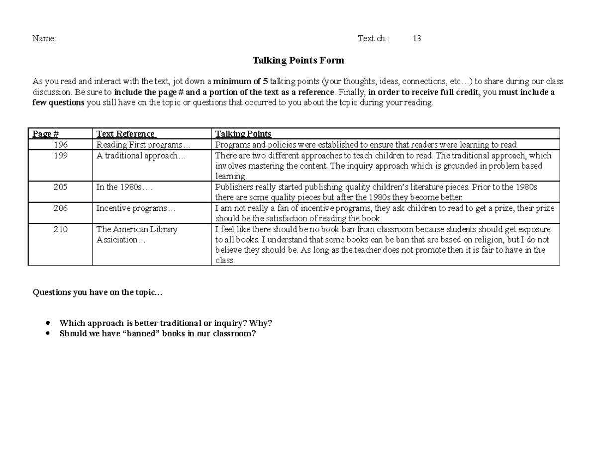 Talking Points 13 - Name: Text ch.: 13 Talking Points Form As you read ...