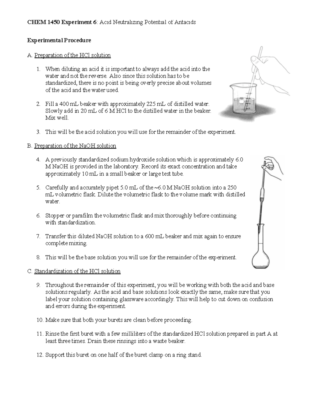 Exp 6 Procedure - Experimental Procedure A. Preparation of the HCl ...