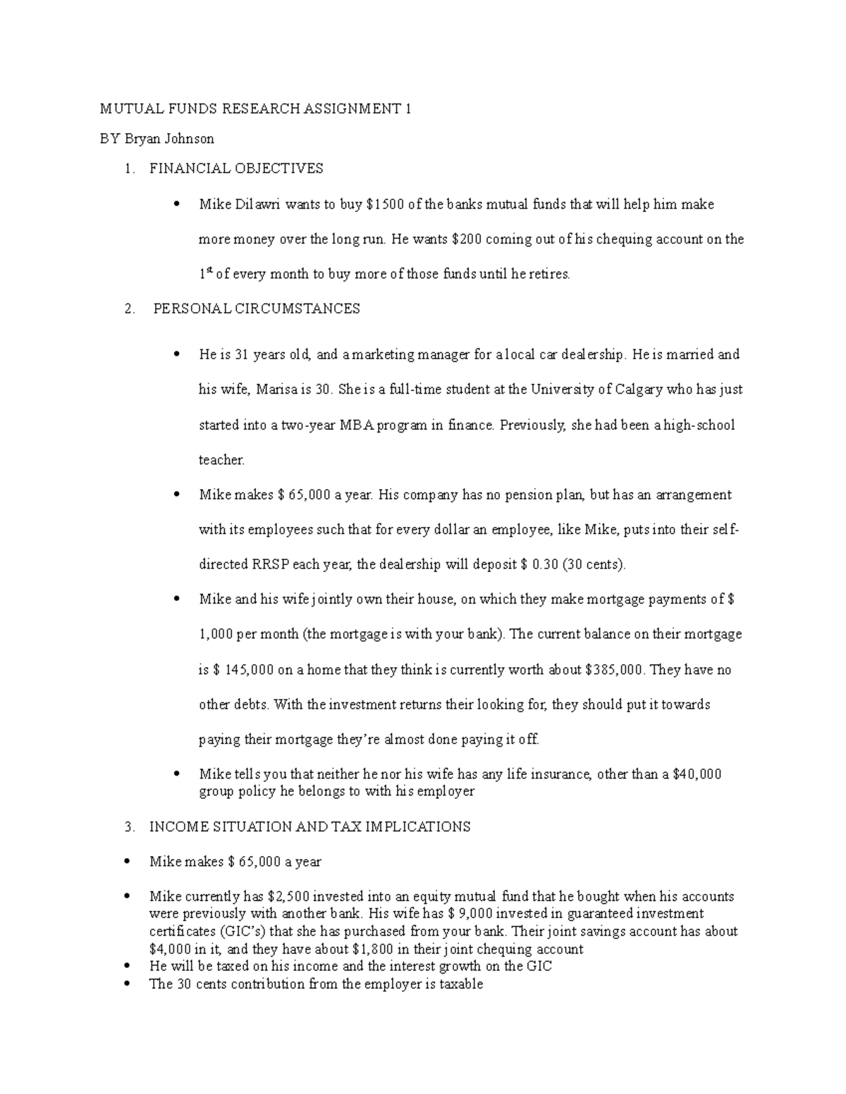 Mutual Funds Research Assignment 1 bryan Johnson 702343 - MUTUAL FUNDS ...