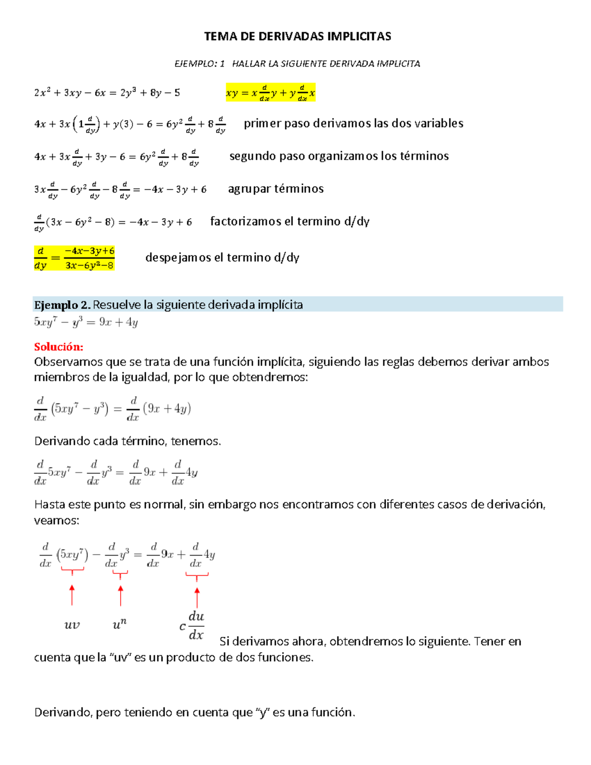 TEMA Derivadas Implicitas - TEMA DE DERIVADAS IMPLICITAS EJEMPLO: 1 ...