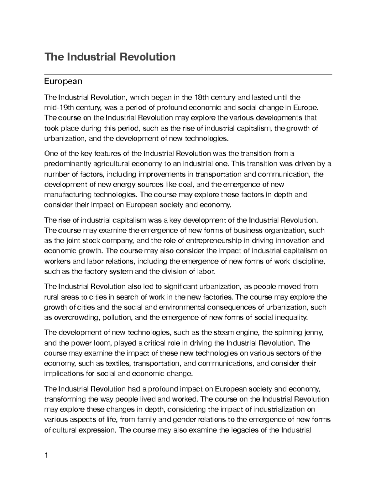 The Industrial Revolution Summary - The Industrial Revolution European ...