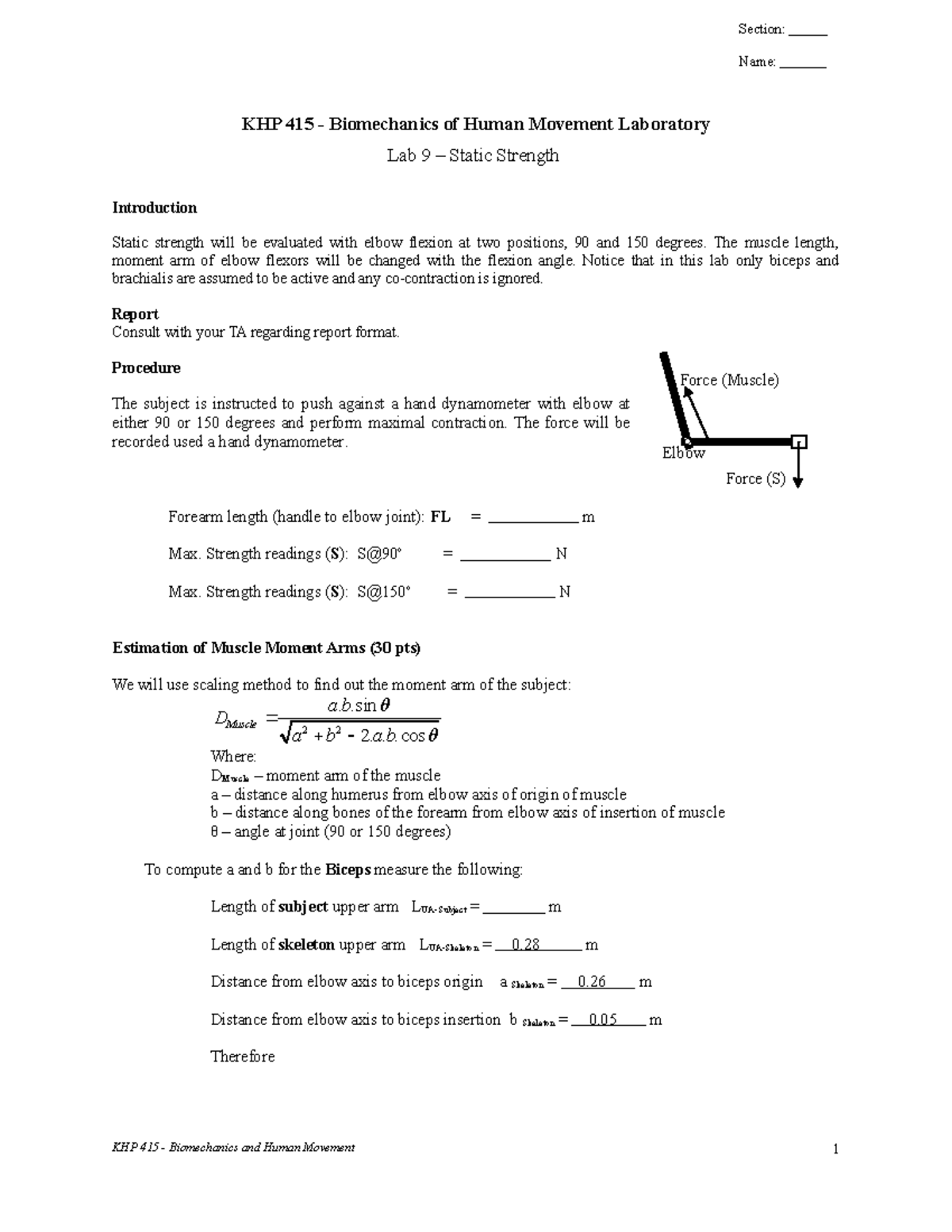 LAB 9 Static Strength - Handout - Section: Name: Force (S) Force ...