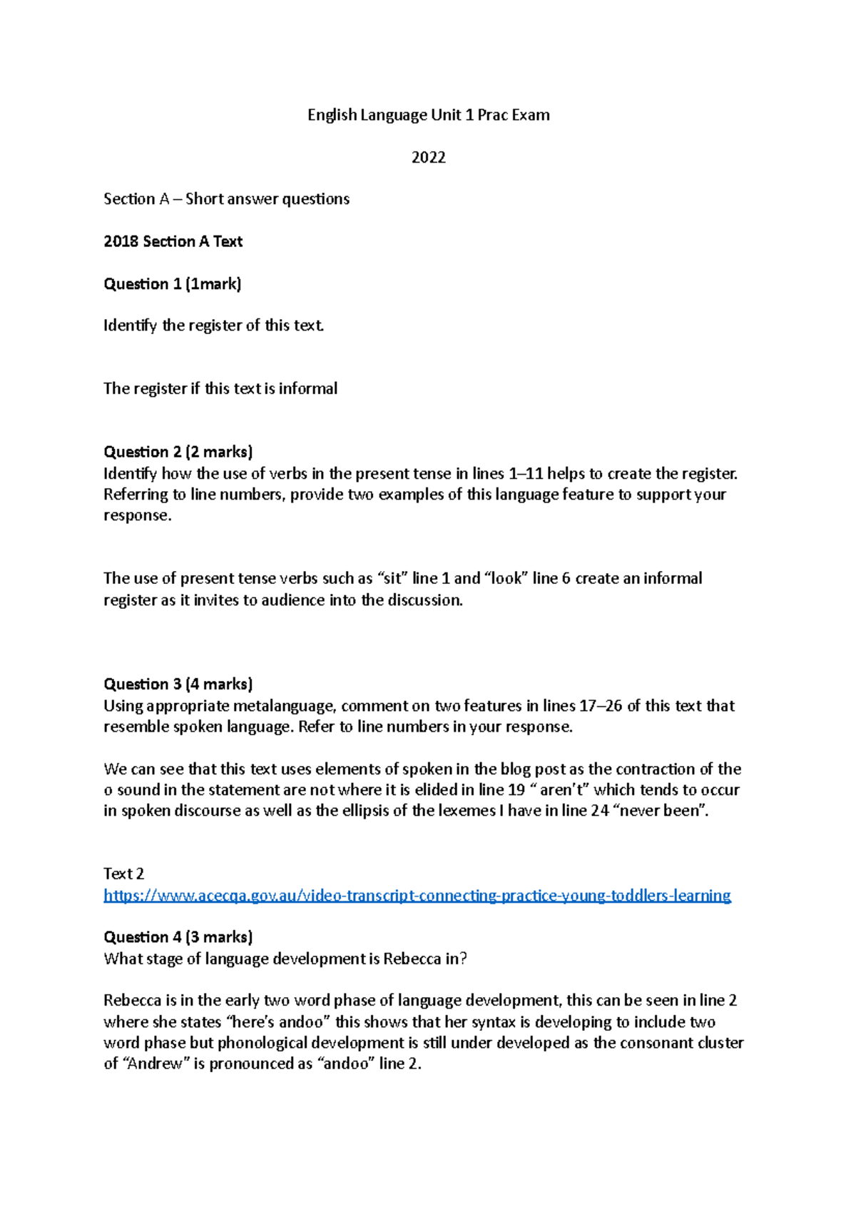 English Language Unit 1 Prac Exam - The register if this text is ...