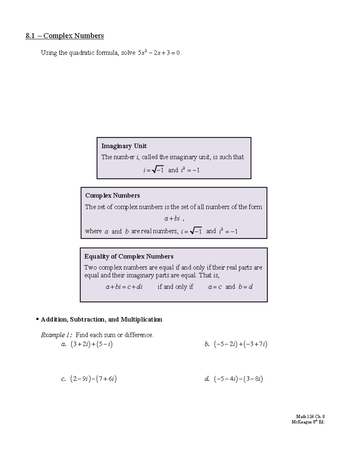 124 Notes Chapter 8 Mc Keague 8th - Math 1 2 4 Ch. 8 8 .1 – Complex ...
