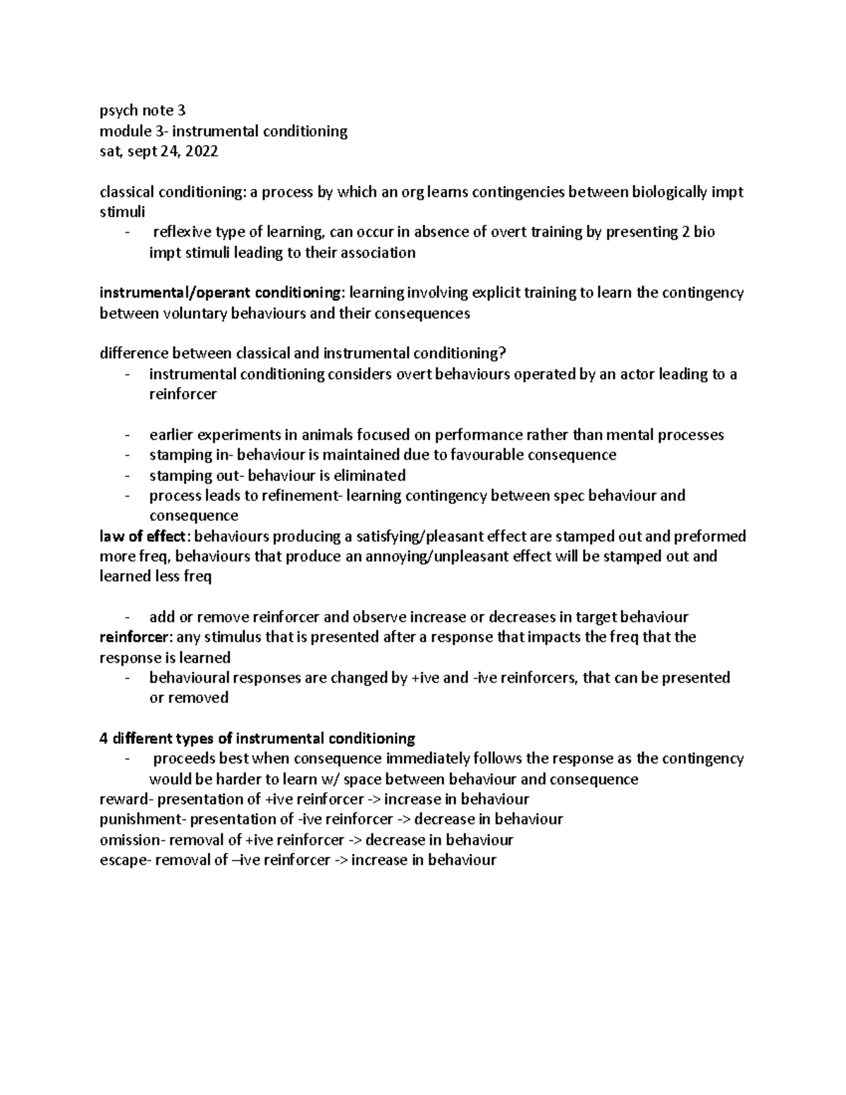 Psych note 3 - Module 3 instrumental conditioning - psych note 3 module ...