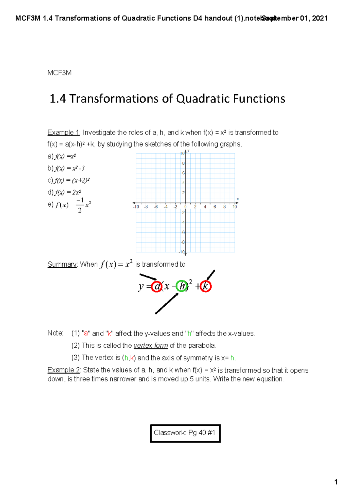 1 - ree - MCF3M 1 Transformations of Quadratic Functions D4 handout (1 ...