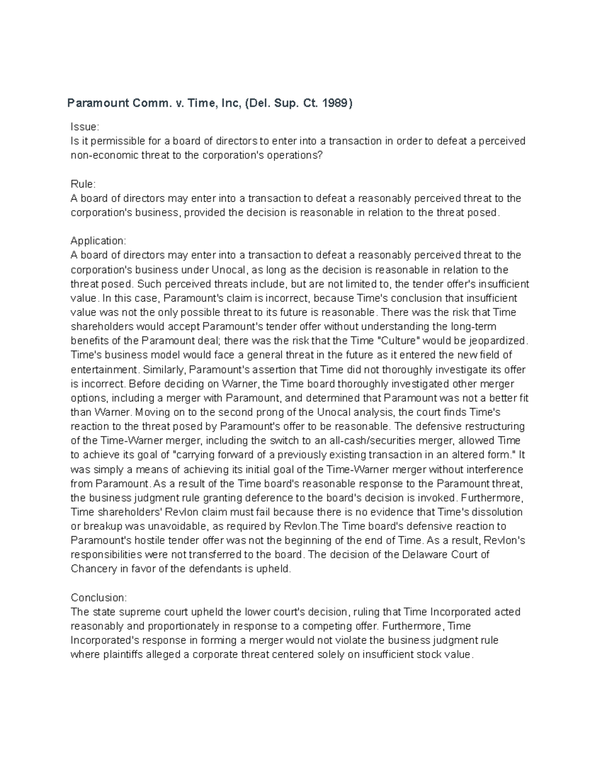 Paramount Comm - Case IRAC - Paramount Comm. v. Time, Inc, (Del. Sup ...