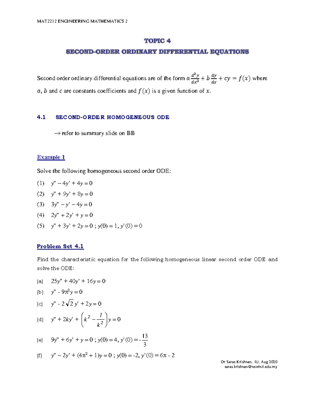 Second-Order Differential Equations - MAT2212 ENGINEERING MATHEMATICS 2 ...