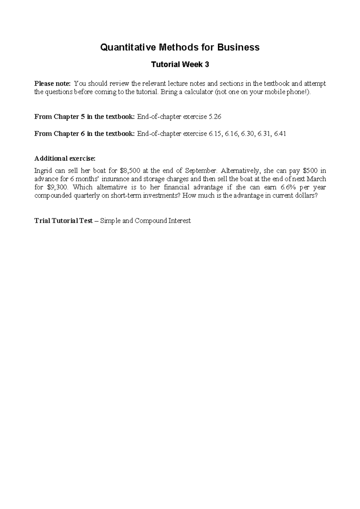 2013 Sp2 Math 1053 Taylors Week 03 Tutorial - Quantitative Methods for Business Tutorial Week 3 ...