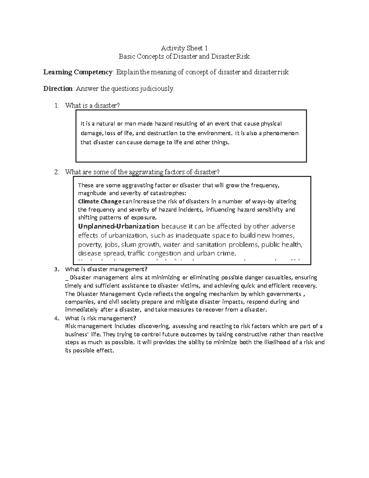 Activity Sheet 1 (Disaster) - Activity Sheet 1 Basic Concepts of ...