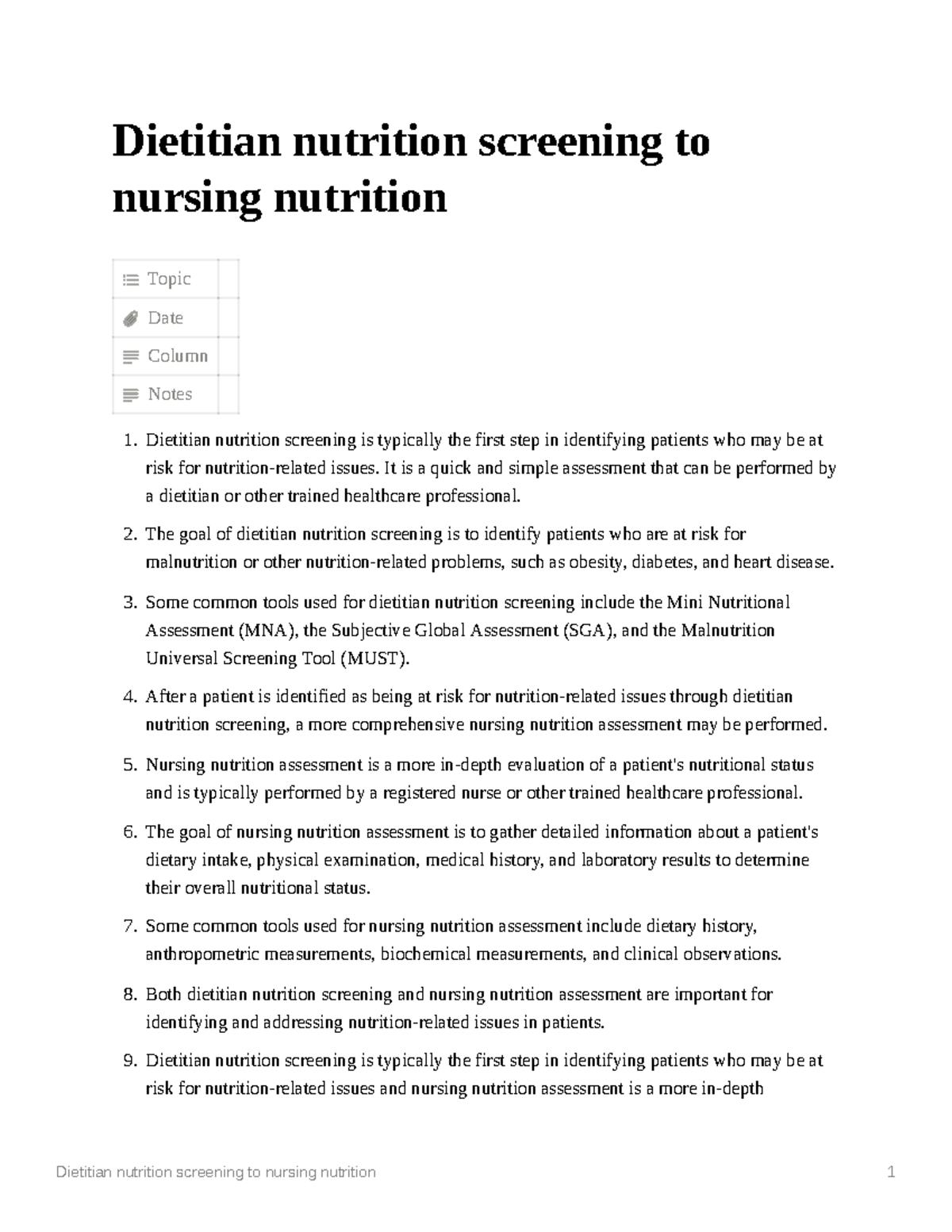 Dietitian nutrition screening to nursing nutrition - Dietitian ...