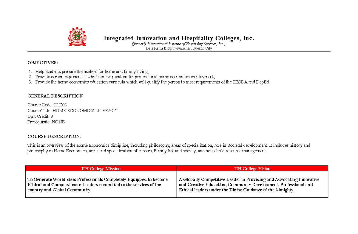 CIG Syllabus HOME Economics Literacy - Integrated Innovation and ...