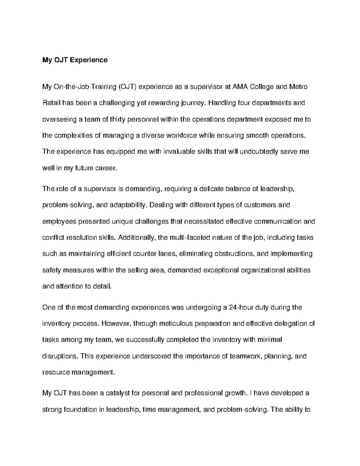 Reflection Essay - ojt requiremnt - My OJT Experience My On-the-Job ...