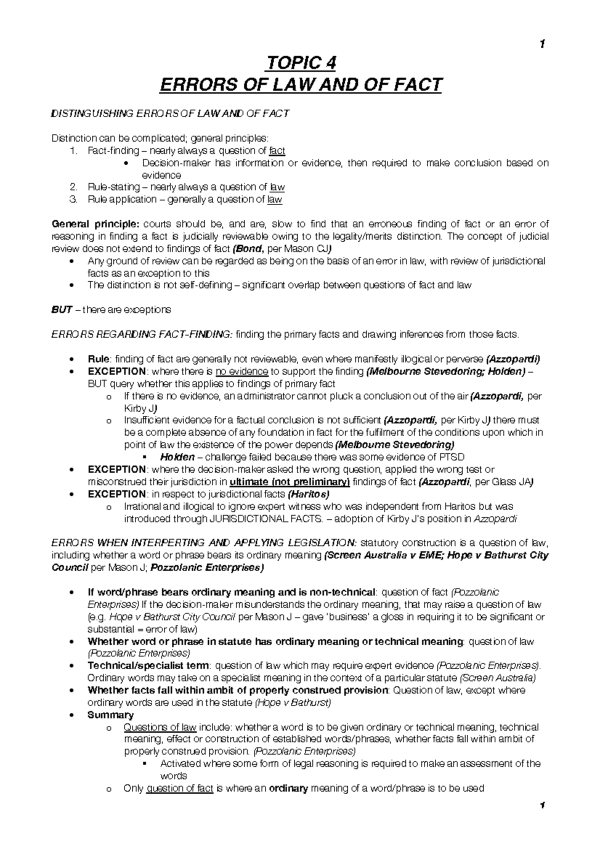 Topic 4 - Admin Law 19/20. Summary of Topic - 1 1 TOPIC 4 ERRORS OF LAW ...