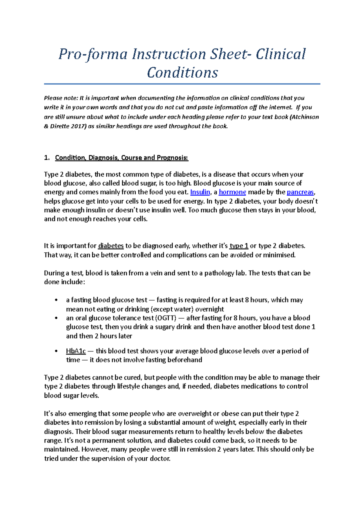 Type 2 diabetes proforma - Pro-forma Instruction Sheet- Clinical ...