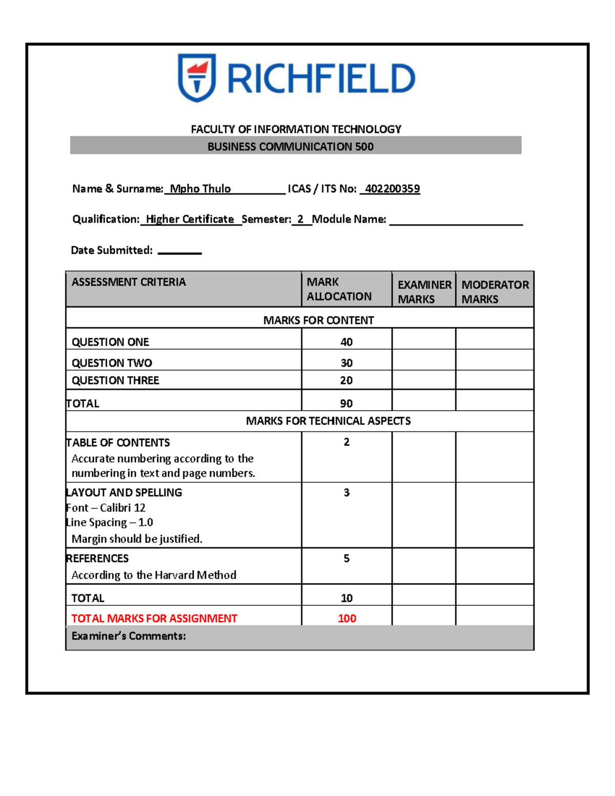 4022003 59 Mpho Thulo Business Communication 500 assignment - FACULTY ...