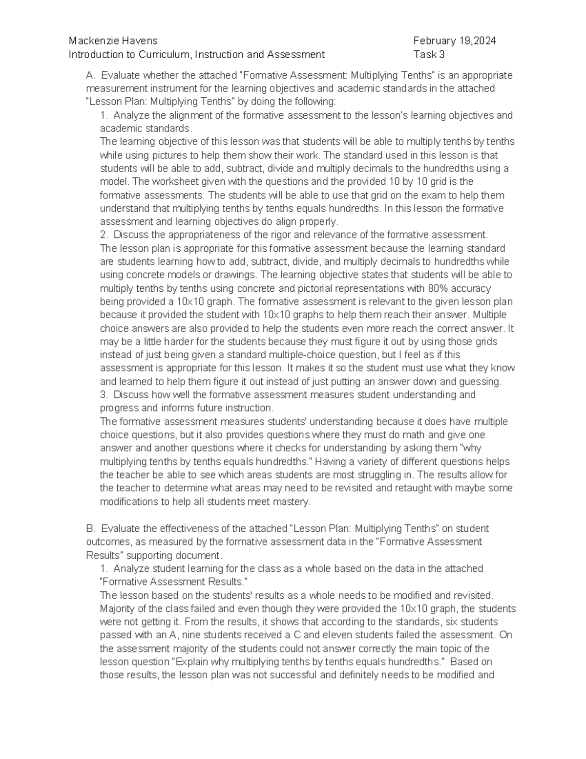 Class 8 task 3 attempt 2 - Introduction to Curriculum, Instruction and Assessment Task 3 A ...