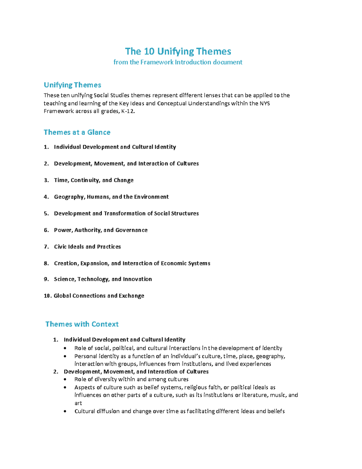03 The 10 Unifying Themes - The 10 Unifying Themes from the Framework Introduction document ...